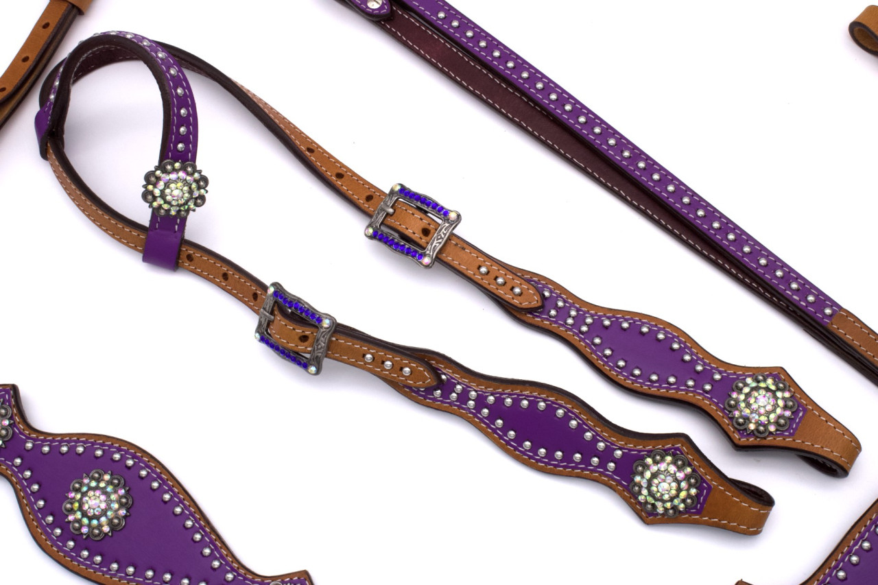 One-eared western bridle purple with breast collar and clear conchos ...
