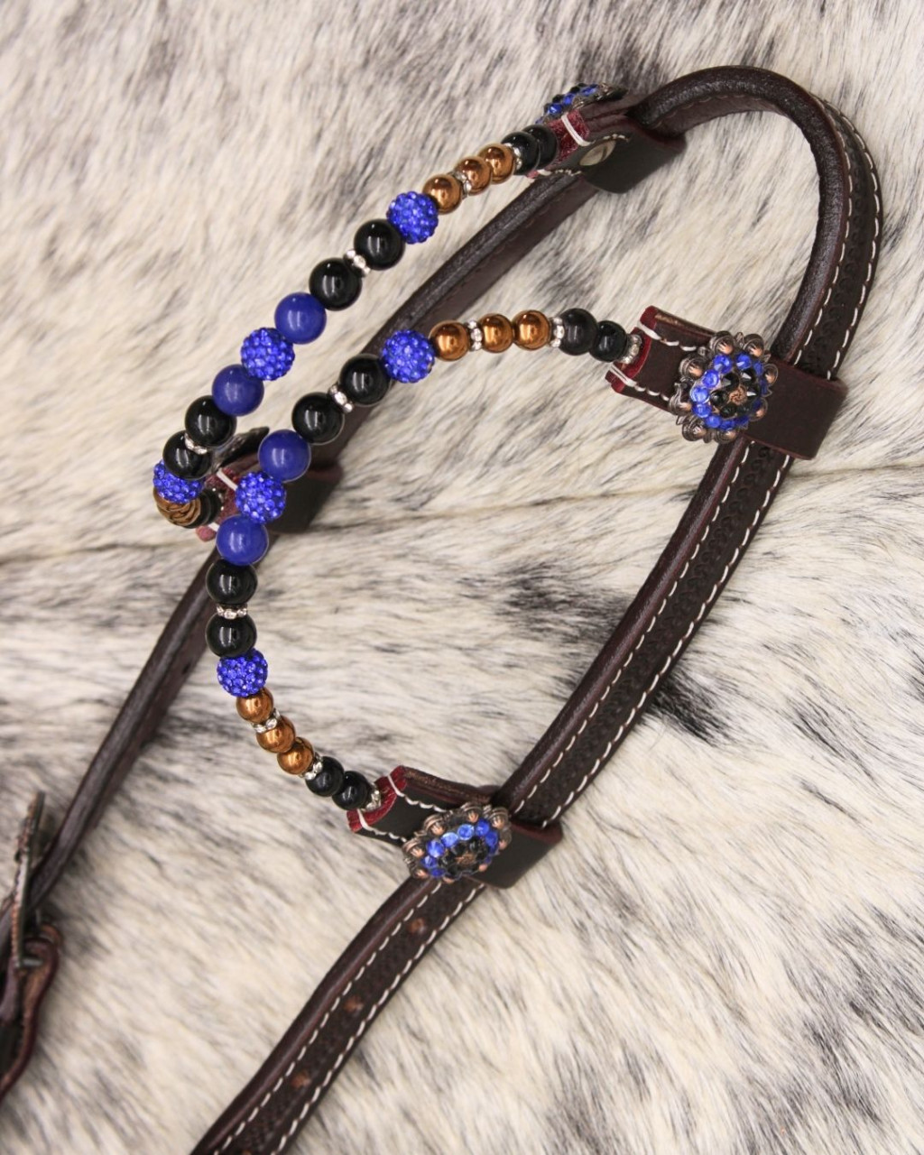 Two Ear Show western bridle royal blue with pearl earloops