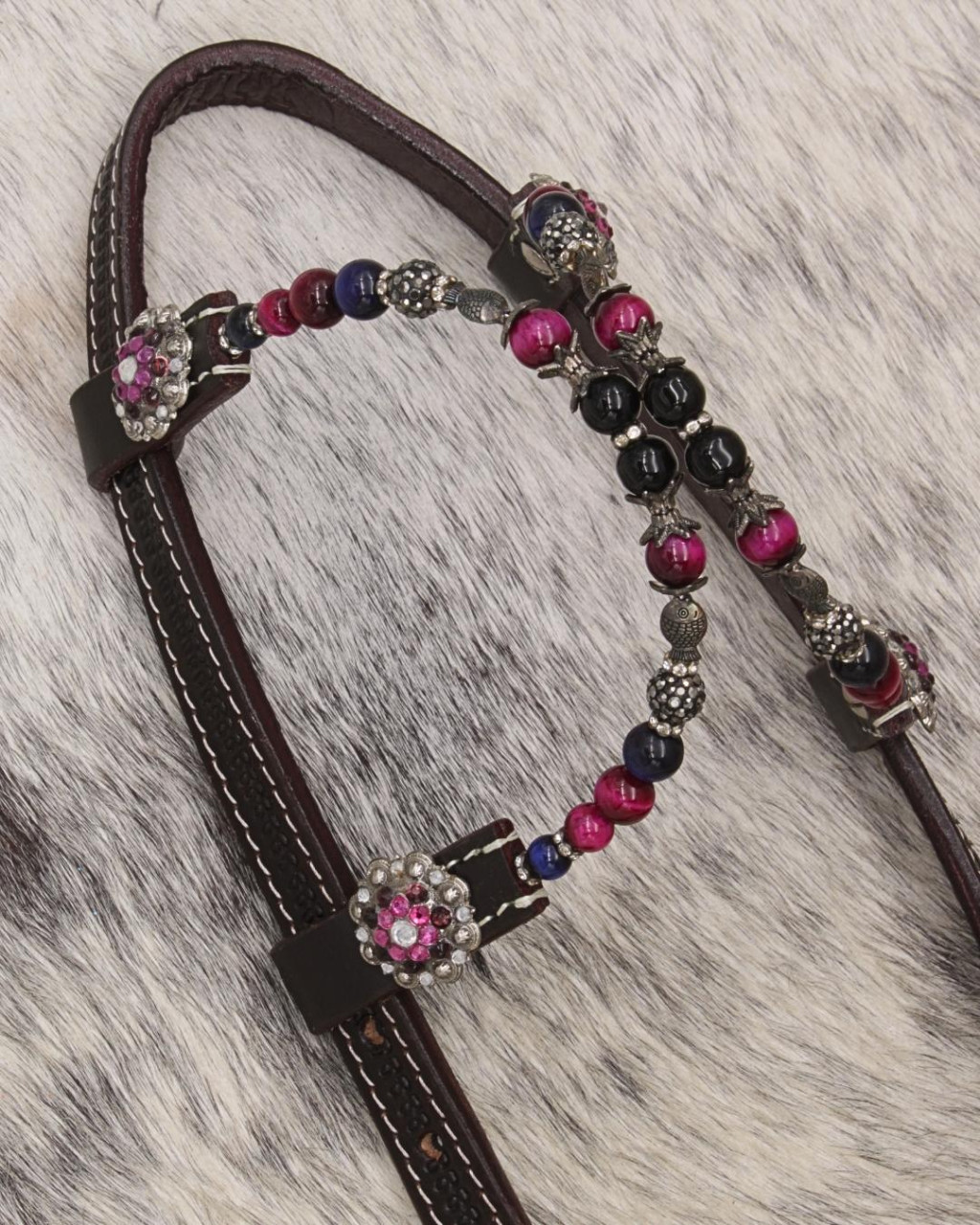 Two Ear Show western bridle dark brown/purple with pearl earloop | SW11844