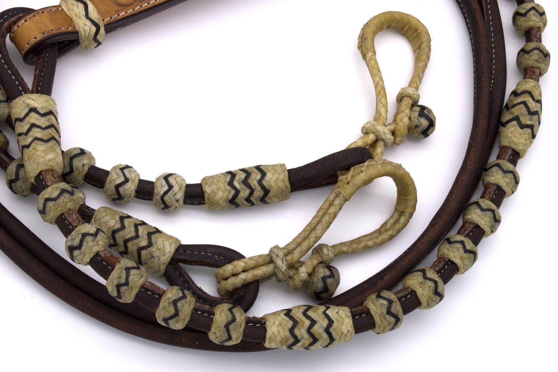 Leather Romal Reins with rawhide and leather flap, round stitched