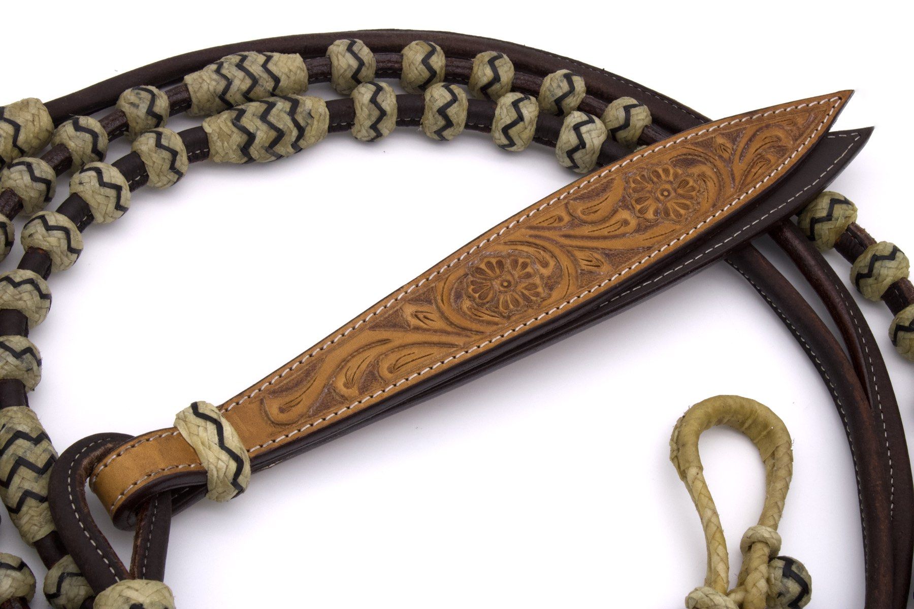 Leather Romal Reins with rawhide and leather flap, round stitched