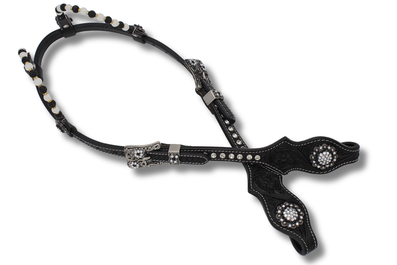 Two-eared show western bridle black with black/white pearl earloop