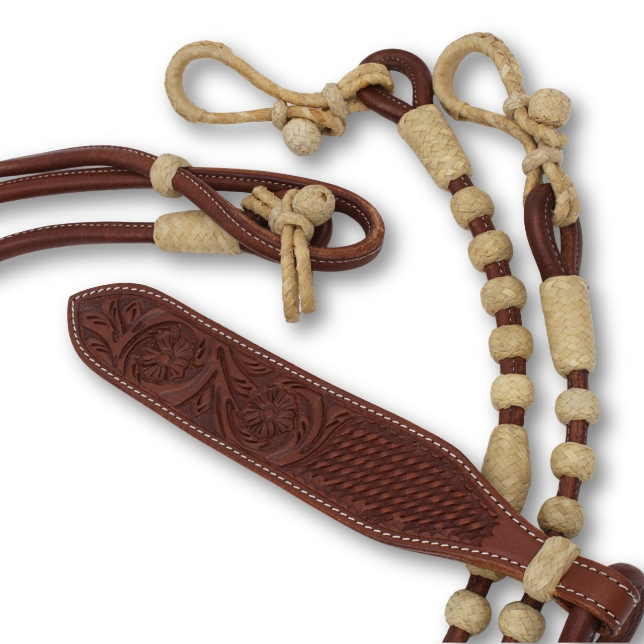 Leather Romal Reins with rawhide and leather flap, round stitched