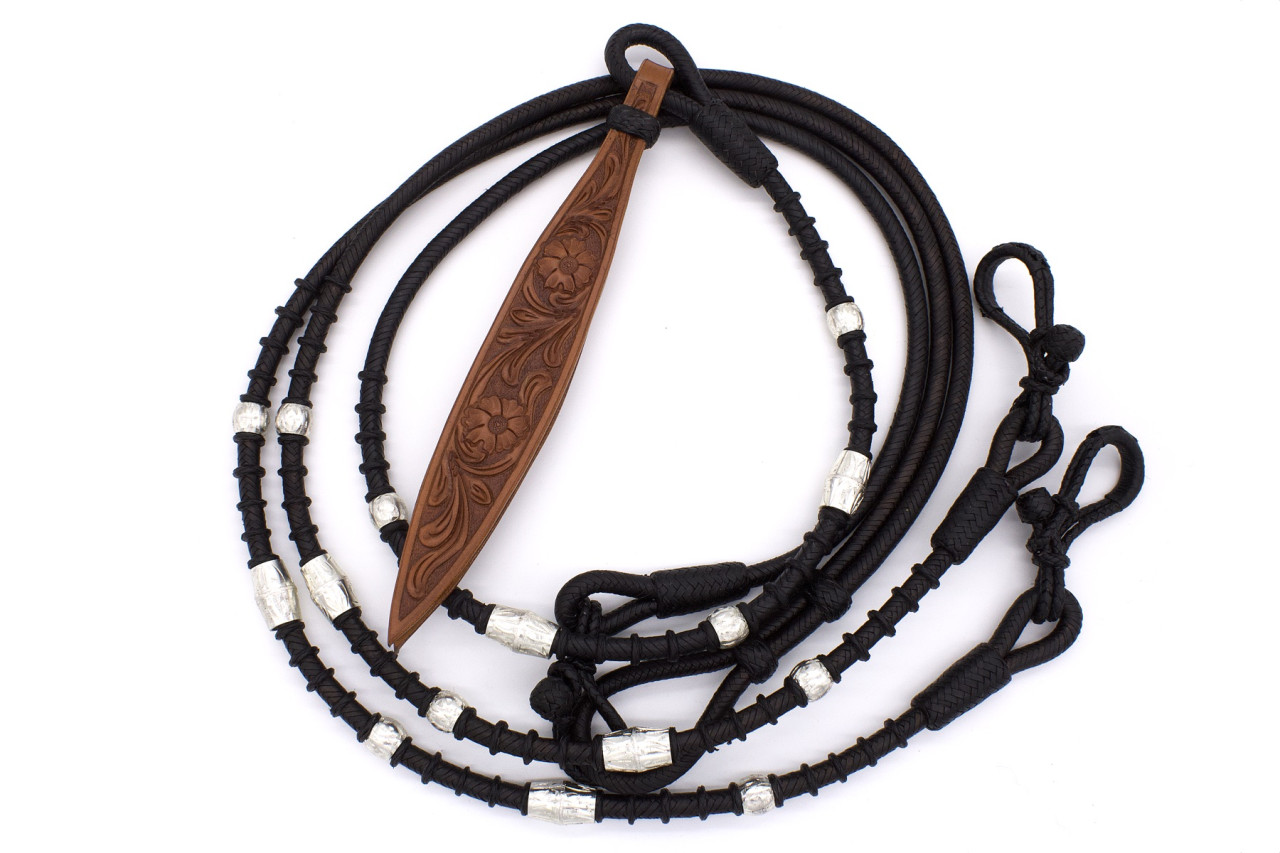 Romal Reins, rawhide western reins black with silver beads